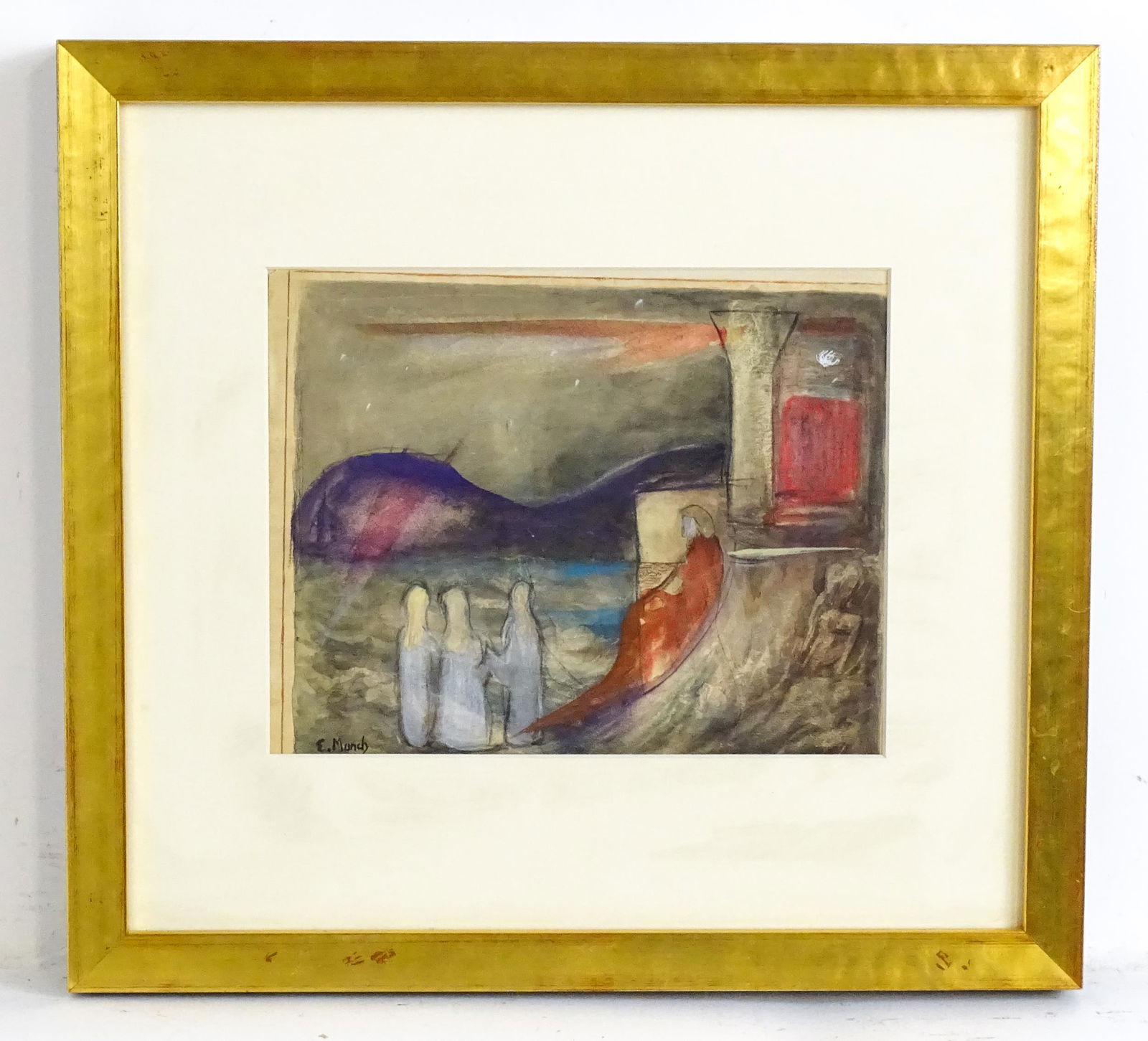 Manner Of Edvard Munch, Watercolour And Charcoal, Coastal Scene With ...