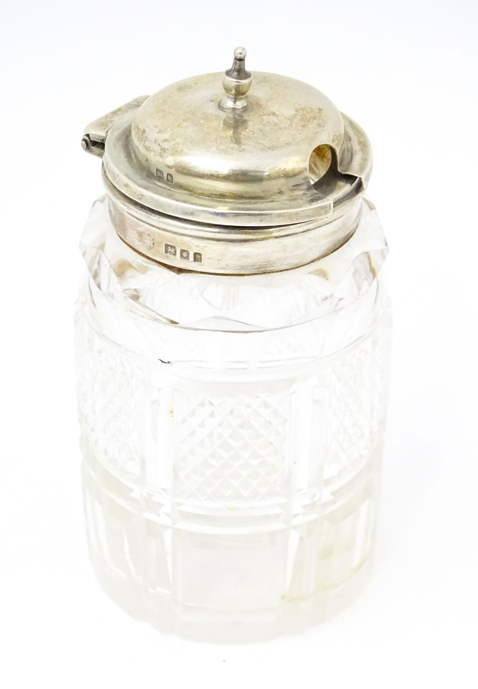 A Cut Glass Mustard Pot With Silver Mount And Hinged Lid Hallmarked ...