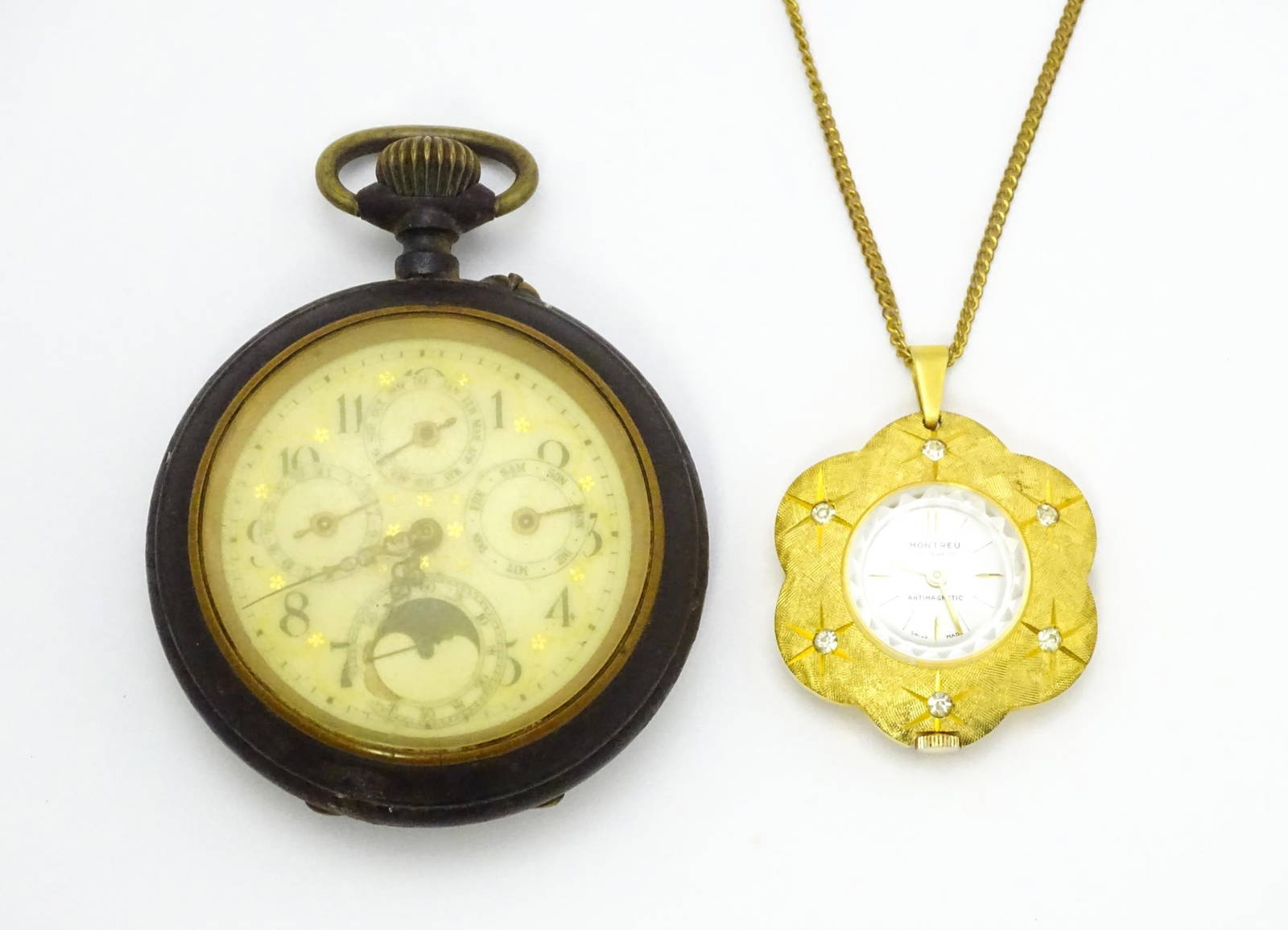An Open Faced Calendar Pocket Watch, The Enamel Dial Having Four ...