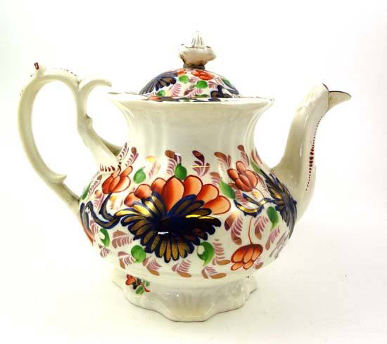 A Victorian Gaudy Welsh Pottery Teapot Decorated I