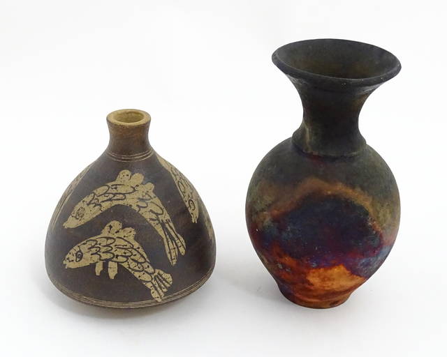 Two Items Of Studio Pottery To Include A Raku Vase With A Flared Rim By ...