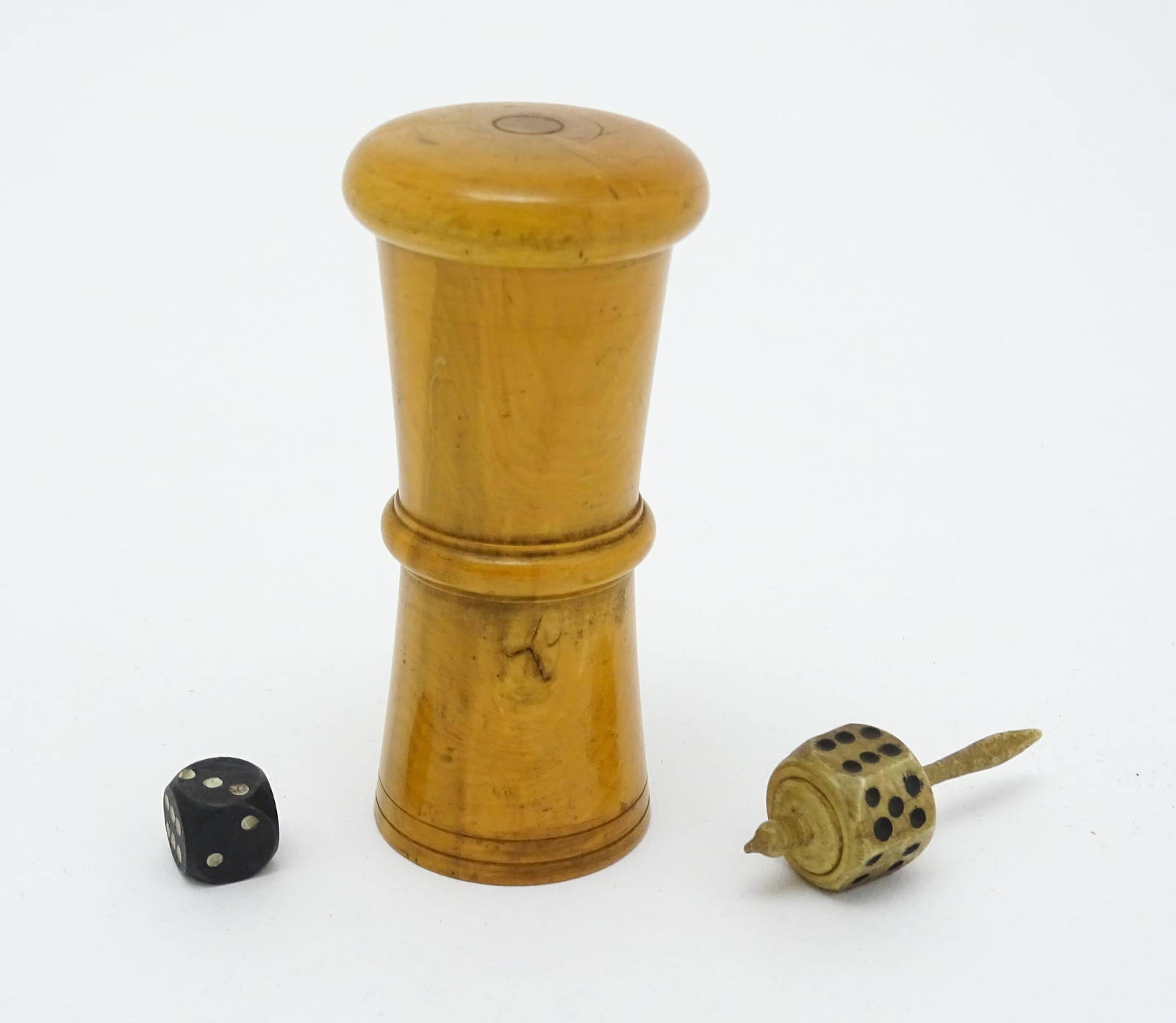 Toy: A Boxwood Treen Dice Shaker Of Waisted Cylindrical Form. Together ...