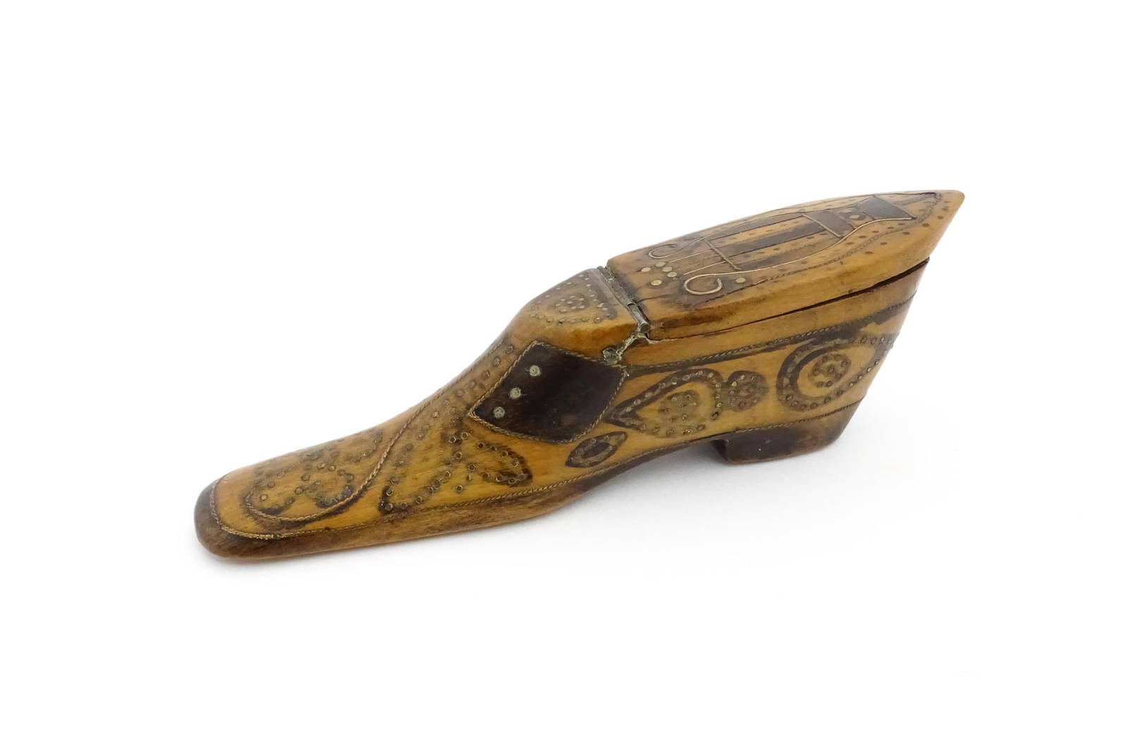 Treen : A 19thc Shoe Snuff Box With Hinged Lid And Inlaid Decoration ...