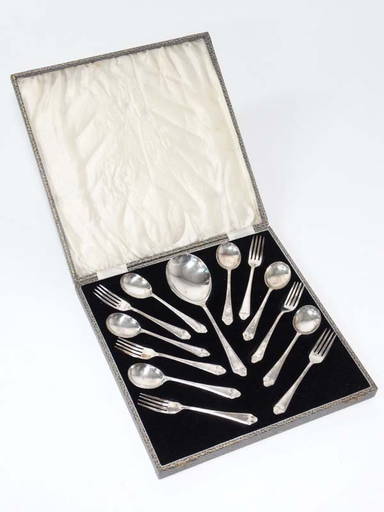 A Silver Plated Set Of Six Dessert Spoons And Forks
