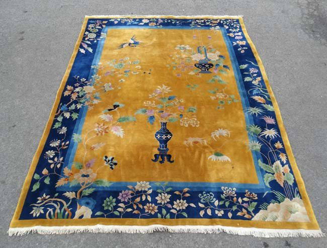 Rug / Carpet :yellow And Blue Woollen Chinese Rug