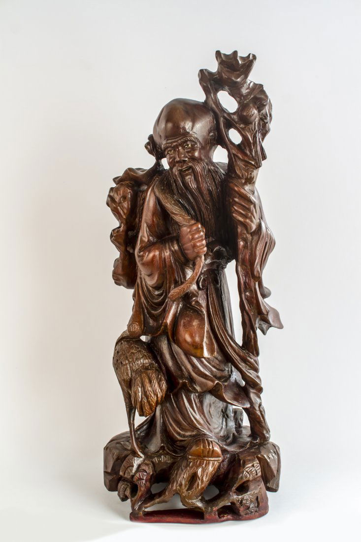 Solid Carved Rosewood ‘god Of Longevity And Crane'