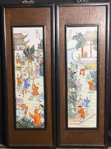 Pair Chinese Porcelain Plaques In Frame