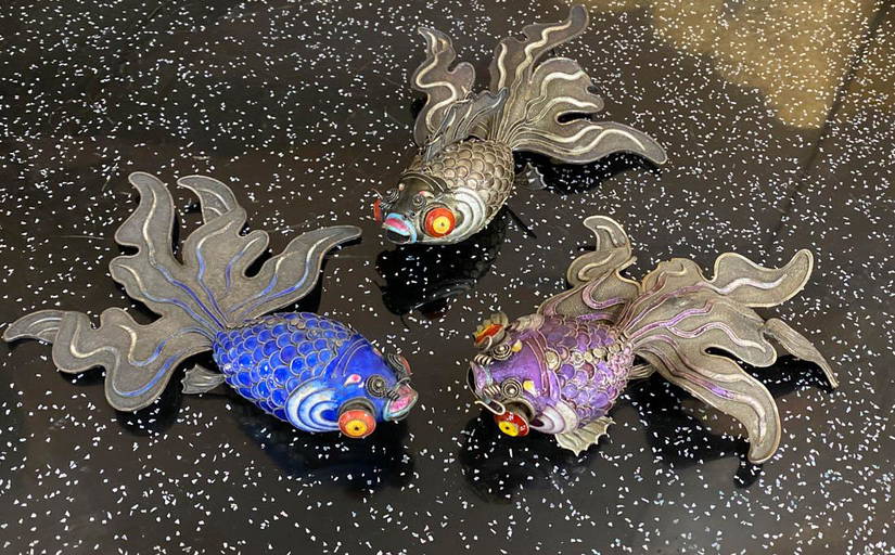 Chinese Sterling Silver Gold Fish With Enamle Group