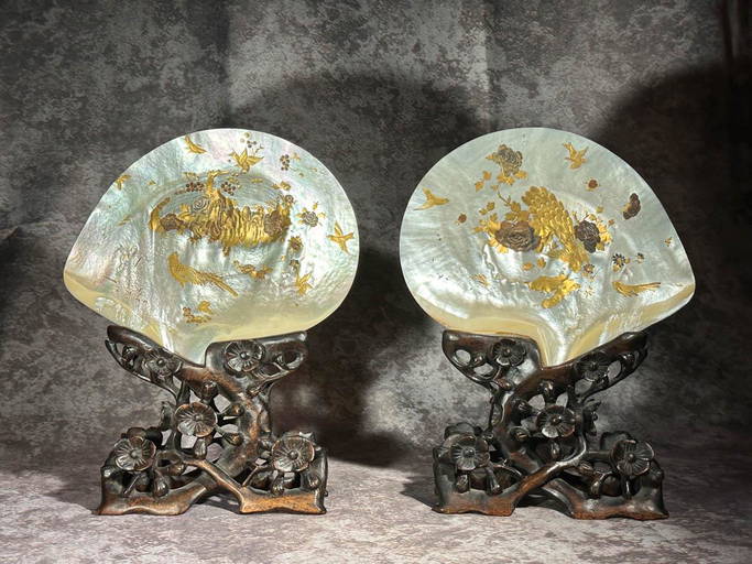 Pair Chinese Shell With Gold Lacquer Dã©cor