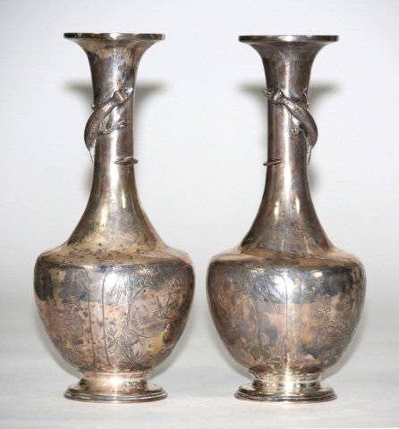 Pr 19th Cen Chinese Export Silver Vases