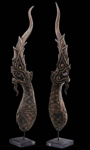 Pair Large Carved Wood Phaya Nak Naga Thai Sculptures
