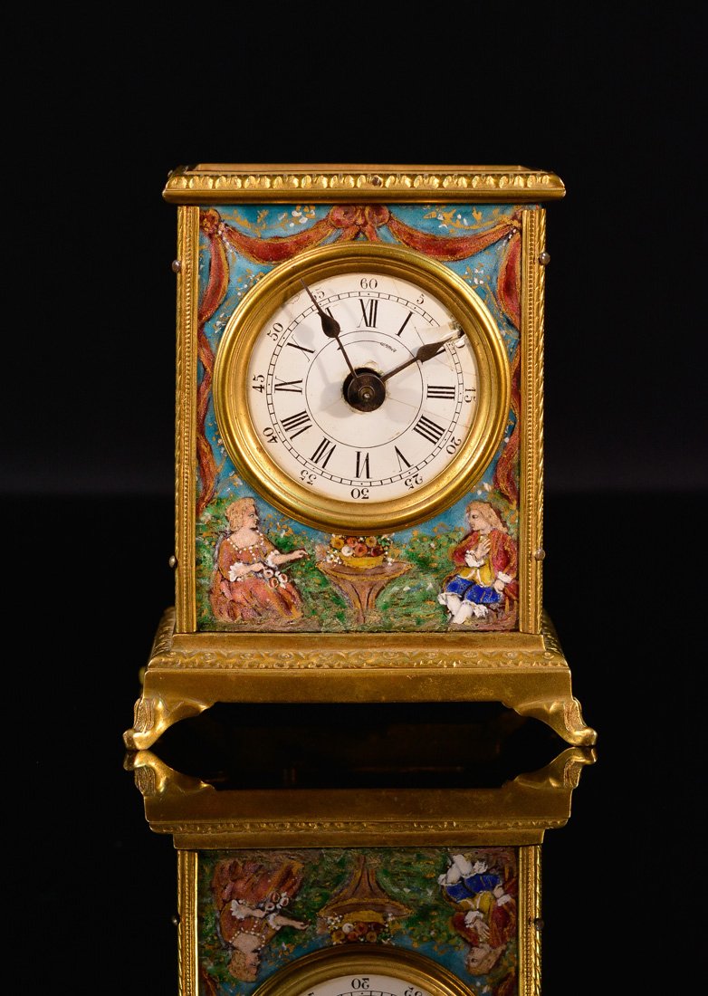 French Miniature Enameled Clock with Music Box Function