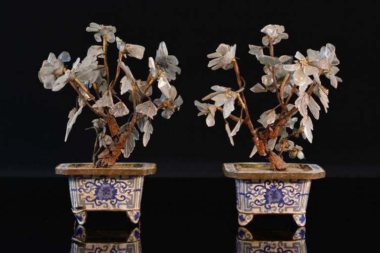 Pair Chinese Rock Crystal Flowers With Cloisonné