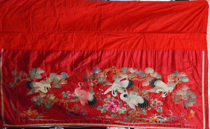 Chinese Red Embroidery Panel Of Crane Scene