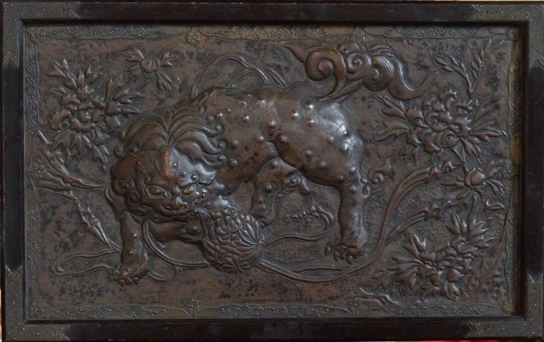 Japanese Copper Repousse Plaque of Temple Buddhist