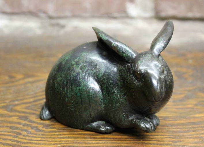 Stunning Japanese Bronze Rabbit With Rich Green Patina