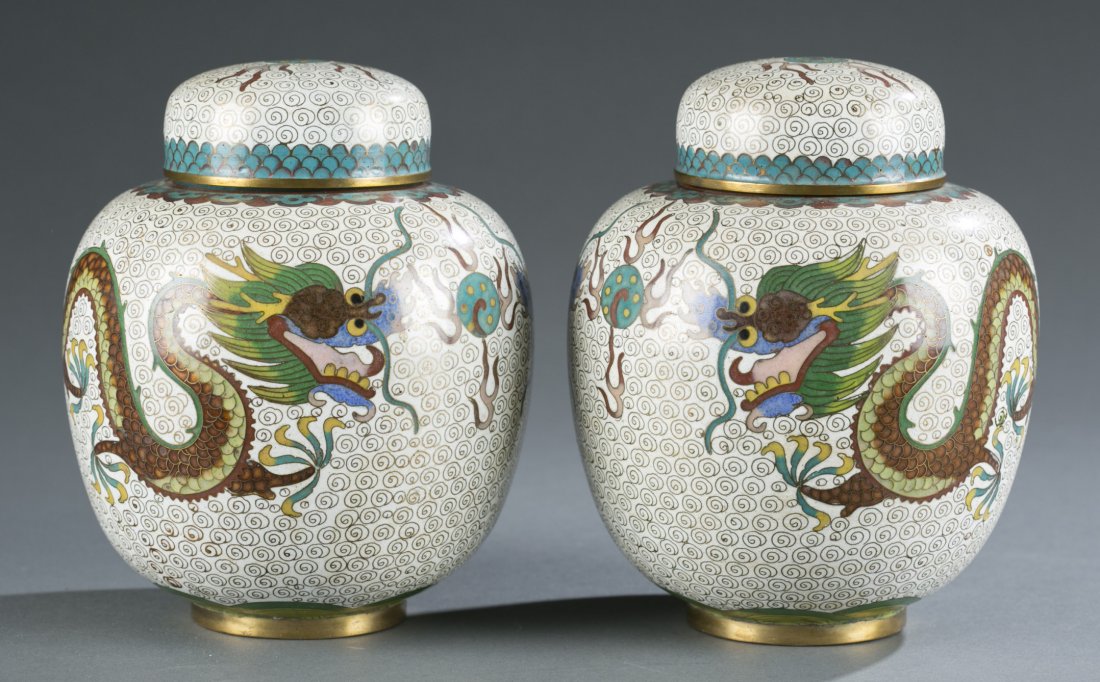Pair Of Cloisonne And Enamel Dragon Ginger Jars