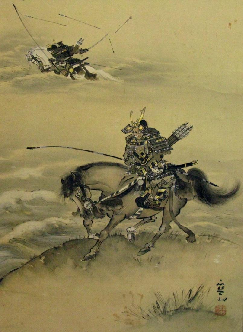 Japanese Painted Scroll W/ Samurai Archers