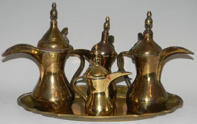 Vintage Brass Dallah Graduated Coffee Set & Tray