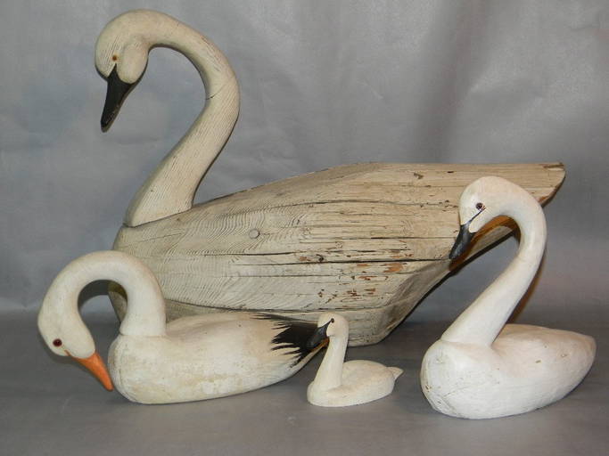 Lot Of Wood Carved Folk Art Swans Decoys Jim Gibbs