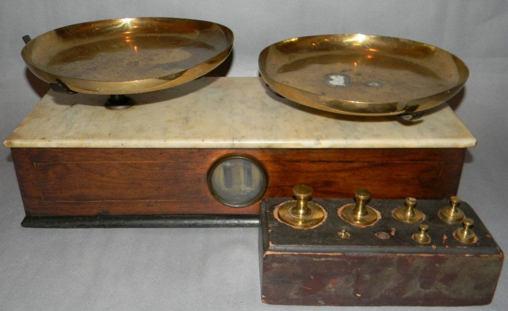 VICTORIAN BRASS MARBLE TABLE SCALES HERNSTEIN & CO