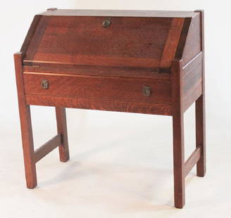 Oak Slant Front Desk With Two Drawers: