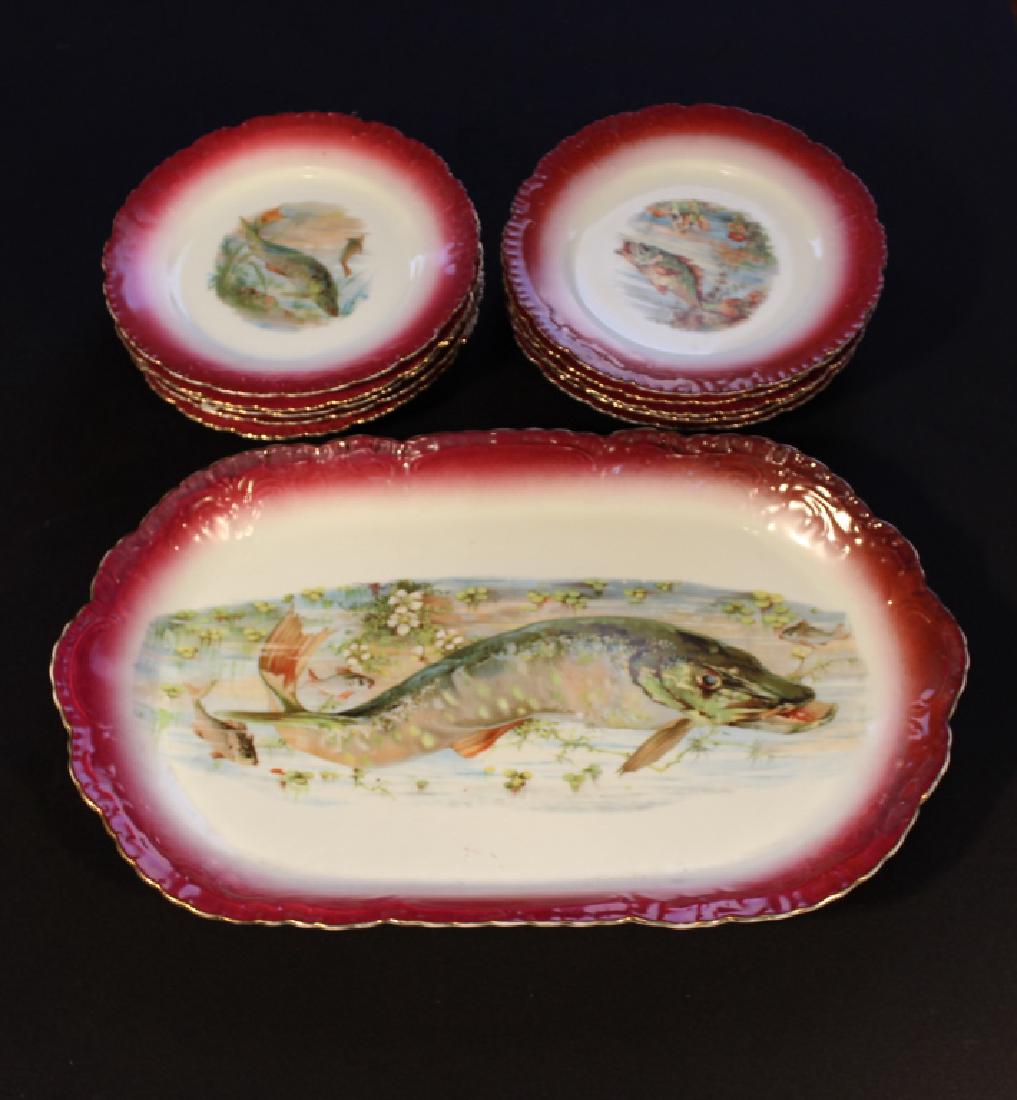 Antique Austrian Porcelain Fish Platter & Dish Set