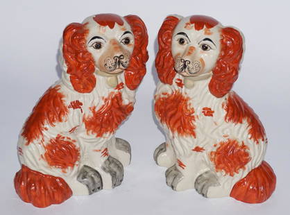 Pair Vintage English Staffordshire Pottery Spaniel