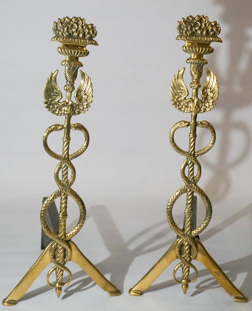 Pair Antique English Brass Caduceus Andirons Auction
