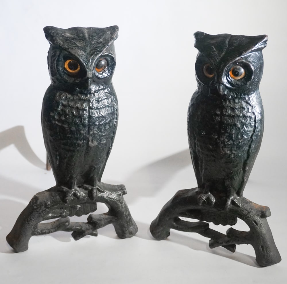 Pair Antique Cast Iron Glass Eye Owl Andirons Auction