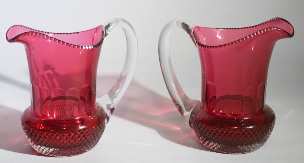 Pair Cranberry Blown & Cut Glass Pitchers Auction