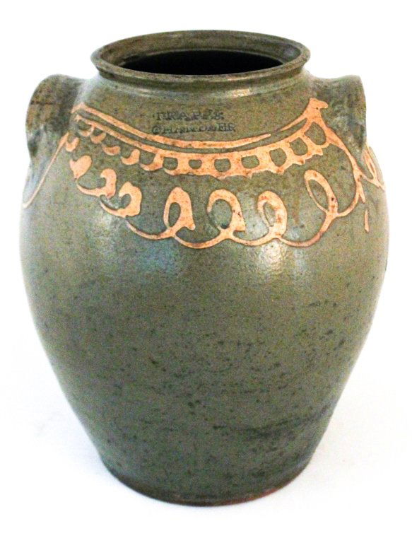 Rare signed kaolin slip decorated stoneware jar