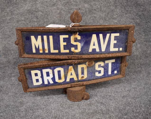 Cast Iron Street Sign W/two Dbl Porc Signs Auction