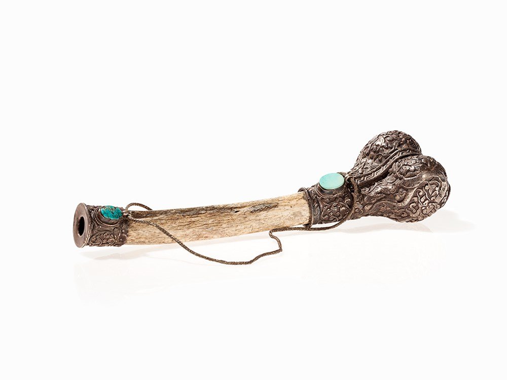 Silver Kangling Bone Flute With Turquoises, Tibet,