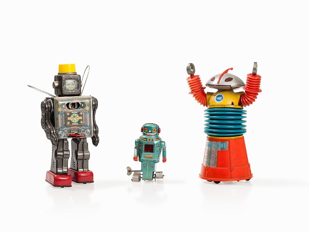 3 Space Tin Toys: Krome Dome, Space Man & Robot, Japan,