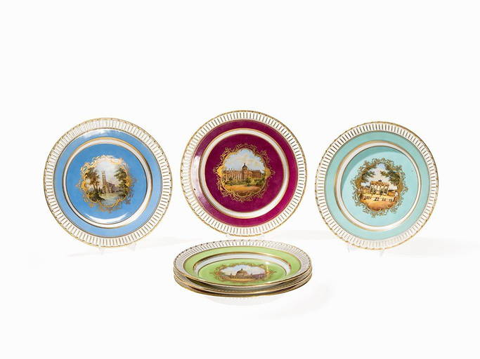 6 Early Kpm Plates With Veduta Painting, Berlin, C.