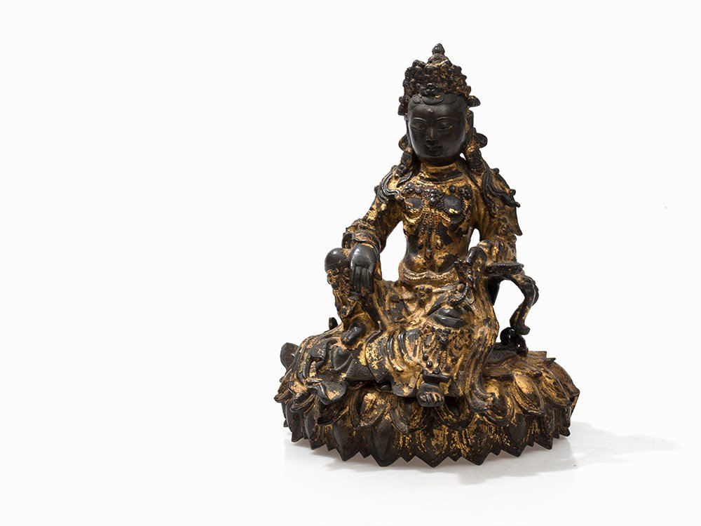 Bronze Figure Of A Guanyin Sitting On Lotus Base, Ming