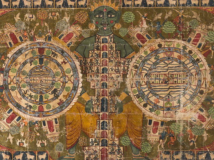 Large Jain Painting ‘pata’ Of Purushakara Yantra, 19th