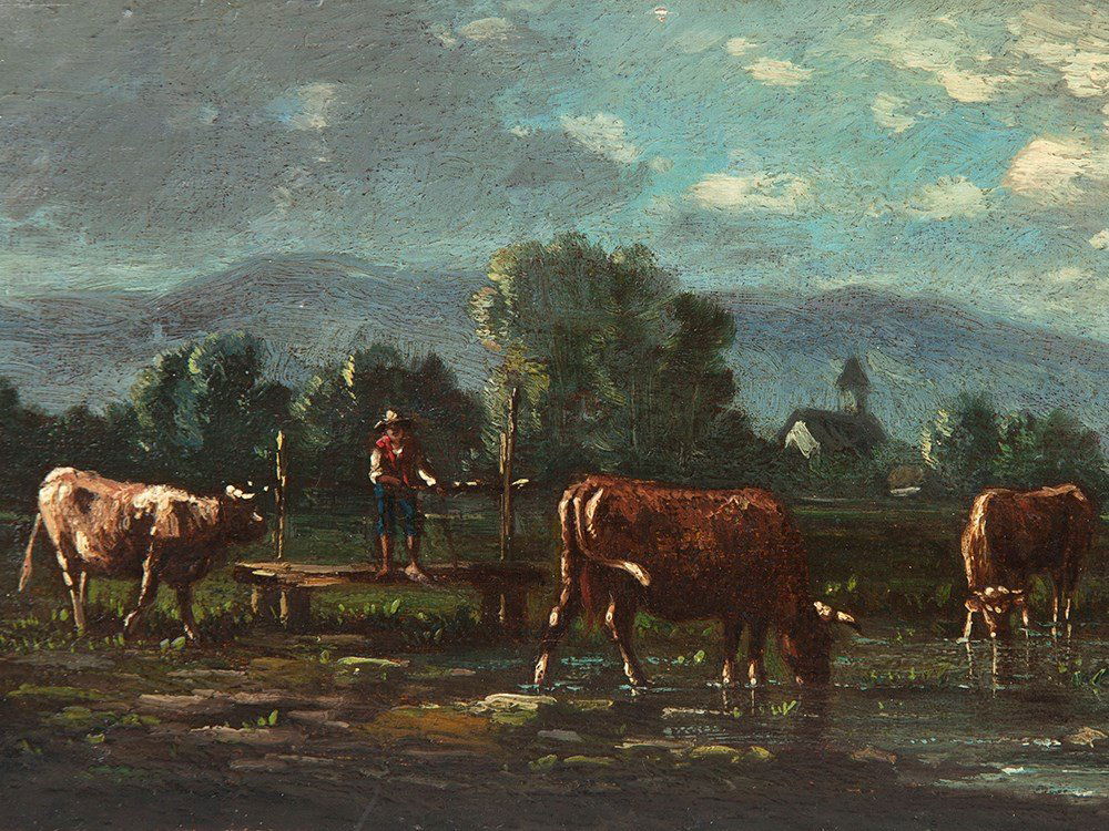 Gunnar Berg, Oil Painting, Cows by the River, Norway,