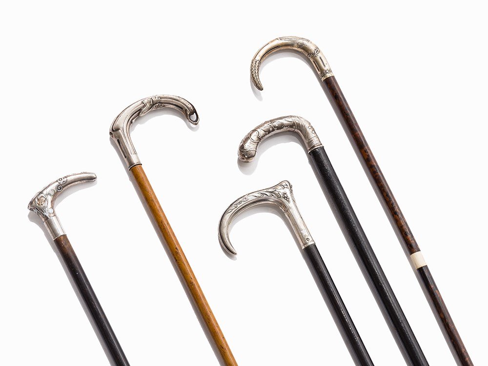 A Set of 5 Art Nouveau Dandy Canes with Silver Handles,