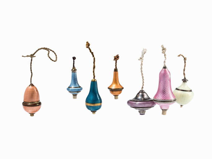 7 Hanging Bell Pushers, Polychrome Guilloche Enamel,