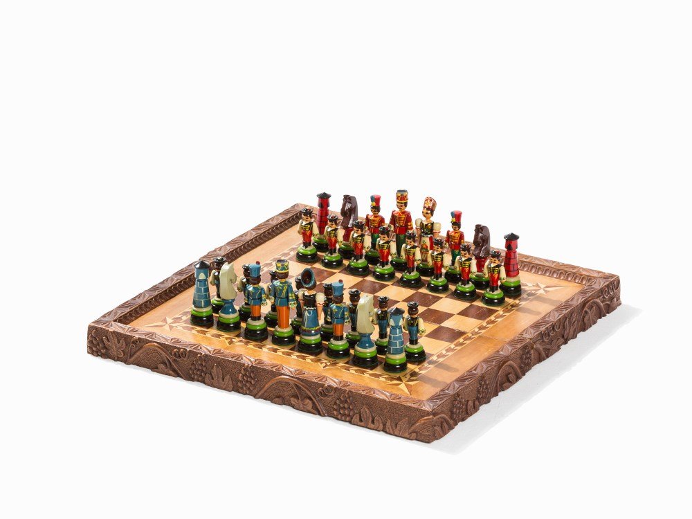 Chess Board with Huszar Figures, Hand Carved, Hungary,