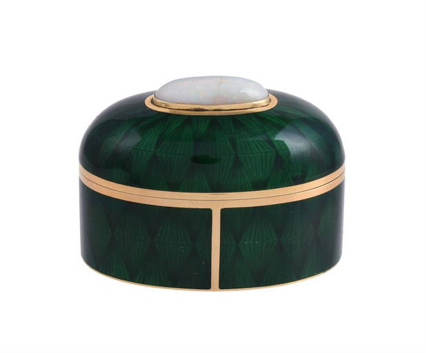 Λ Gerald Benney, An 18 Carat Gold, Enamel And Opal Oval Box