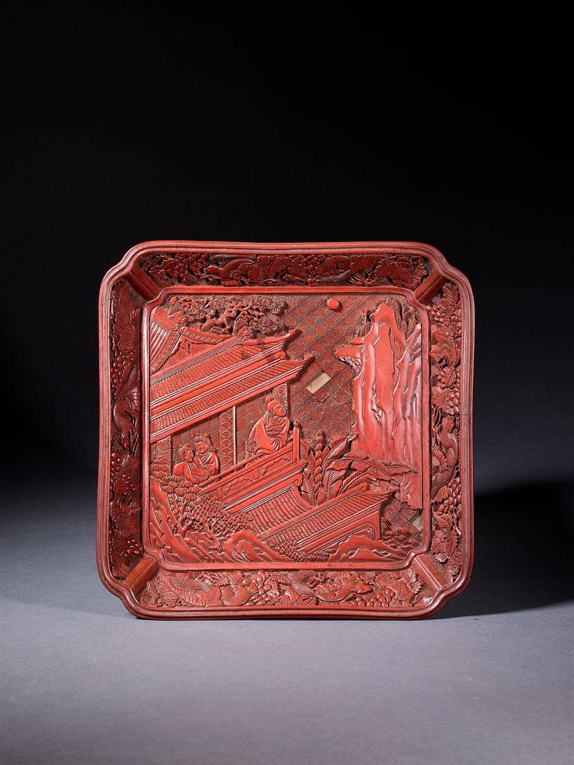 A Chinese Red Cinnabar Lacquer Carved Square Dish, Ming Dynasty Auction