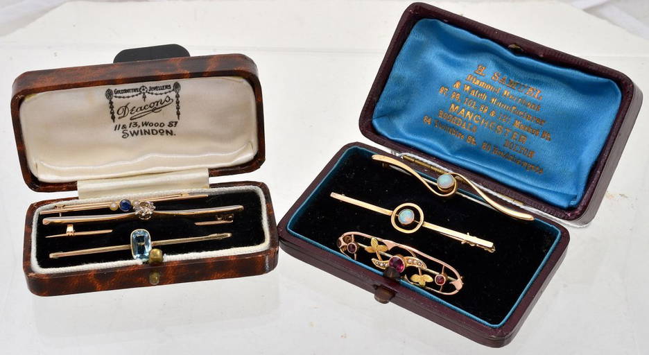 Six Gem Set Bar Brooches , Including: A Diamond Bar