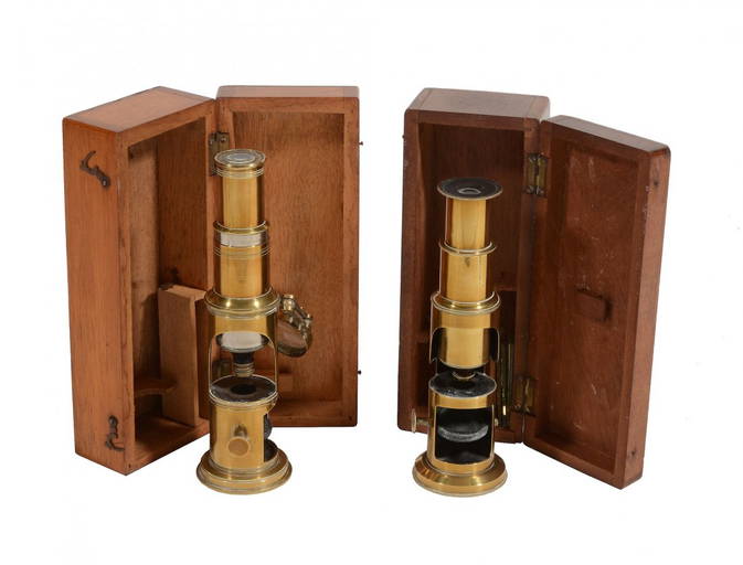 Two Similar Victorian Lacquered Brass Field Microscopes