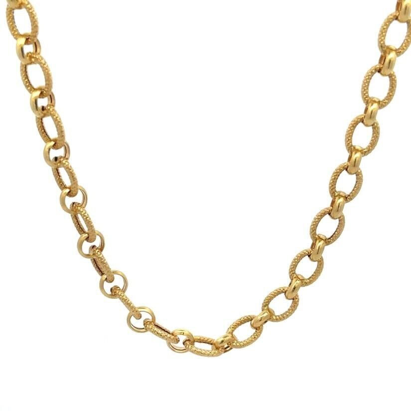 Long 18k Yellow Gold Textured Oval Chain Link Necklace 35"