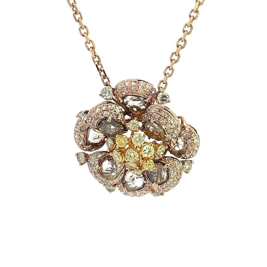 18k Multicolor Diamonds Rose Gold Flower Pendant & Chain Necklace Auction