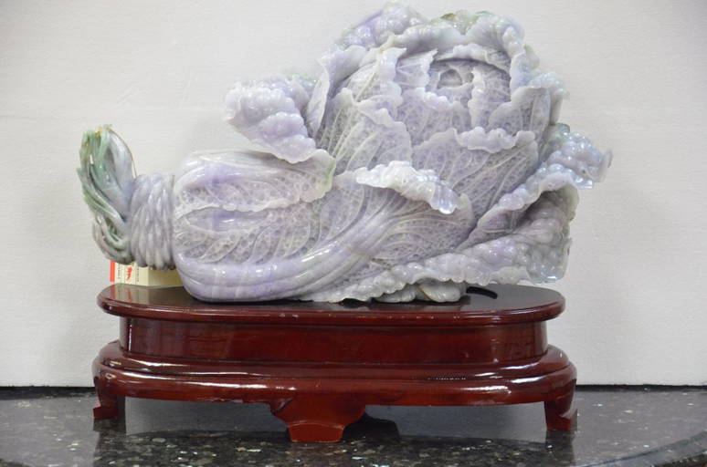 Jadeite Cabbage Carving On Beautiful Rose Wood Stand
