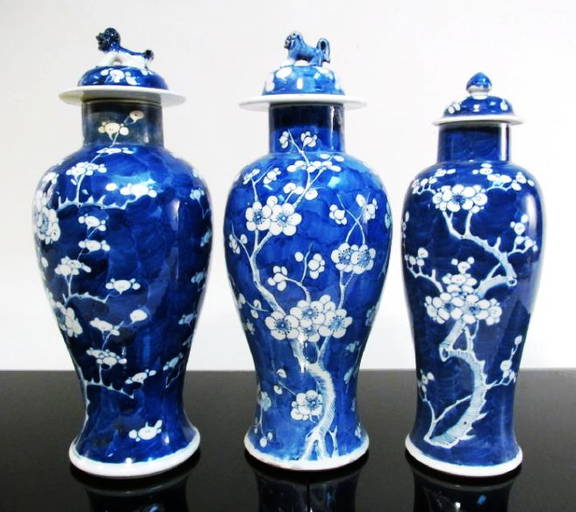 Three Chinese Qing Dynasty Porcelain Prunus Vases